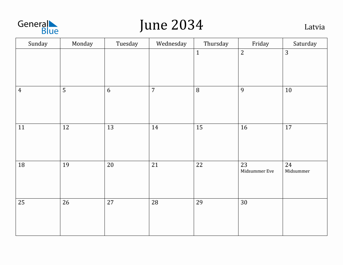 June 2034 Monthly Calendar with Latvia Holidays