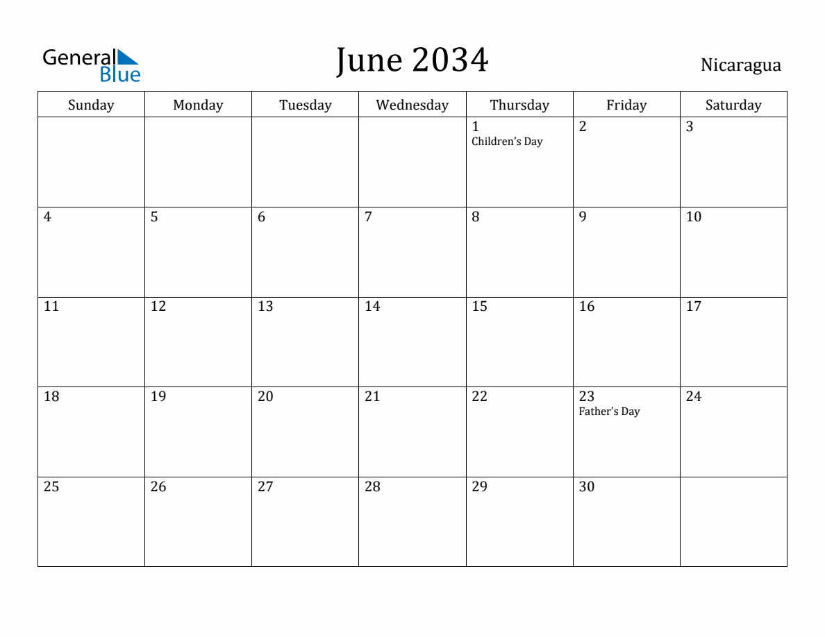 June 2034 Monthly Calendar with Nicaragua Holidays