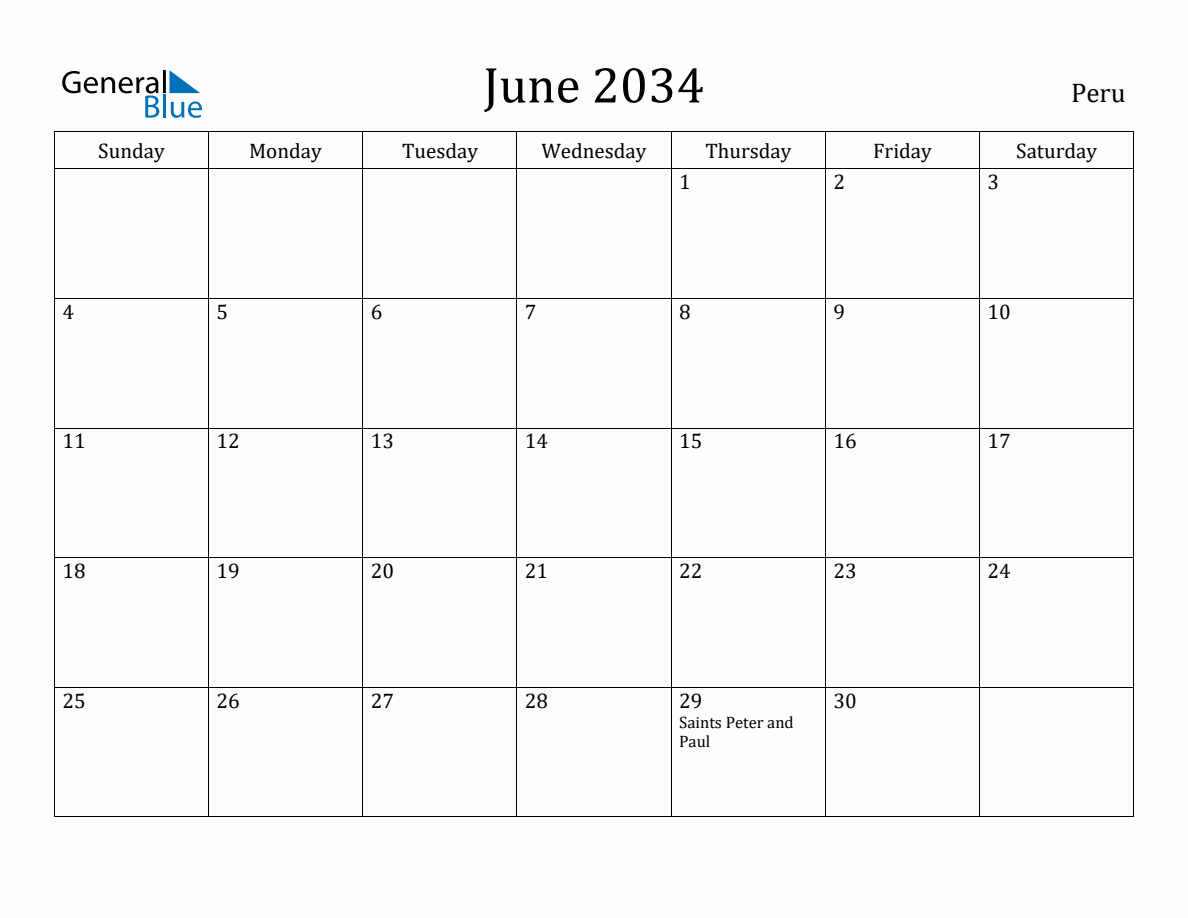 June 2034 Monthly Calendar with Peru Holidays