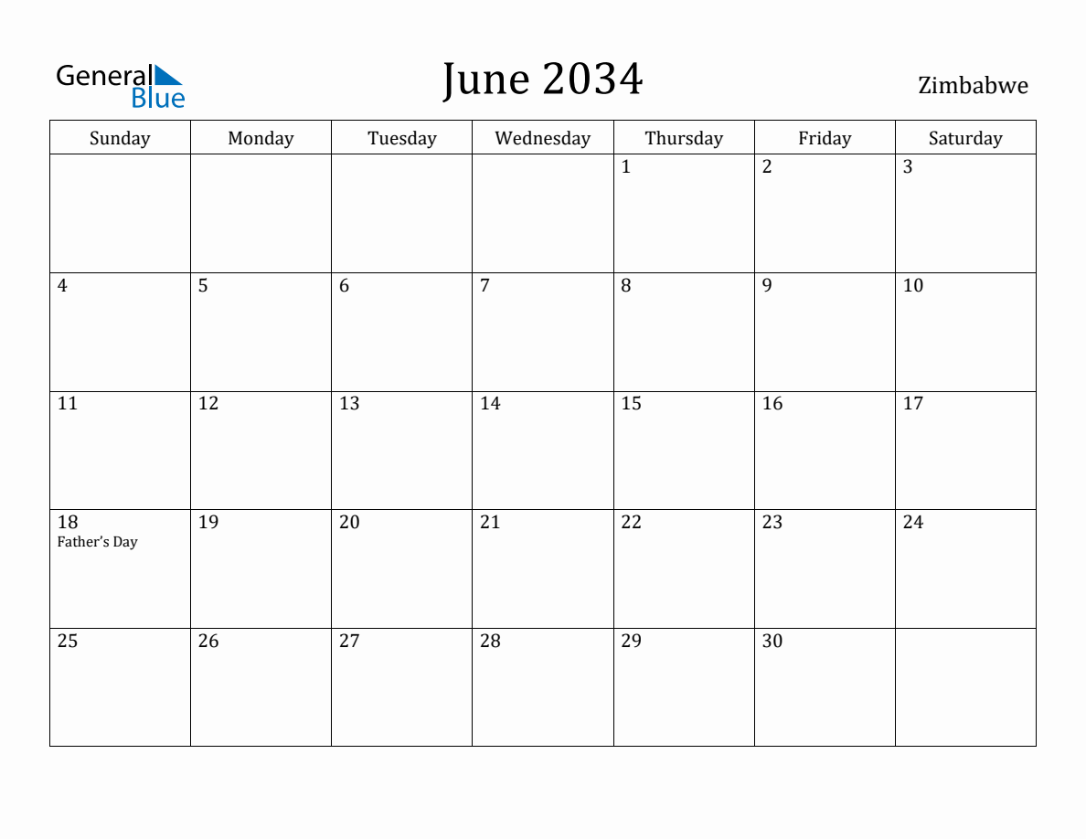 June 2034 Monthly Calendar with Zimbabwe Holidays