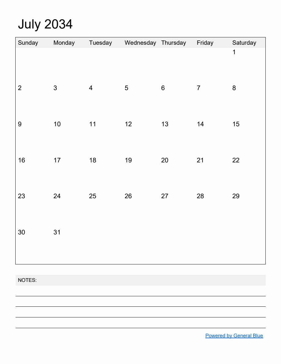 Free Printable Monthly Calendar for July 2034