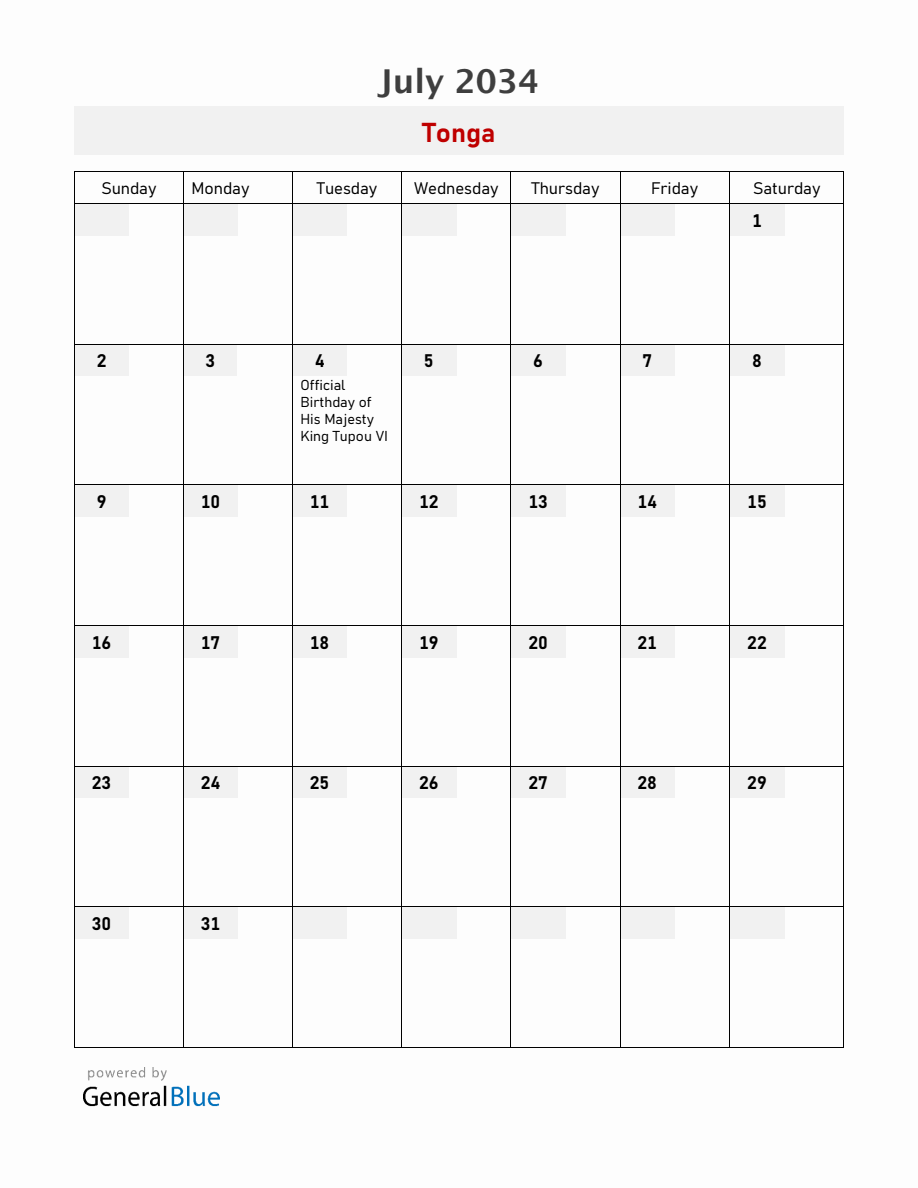 Tonga July 2034 Calendar with Holidays