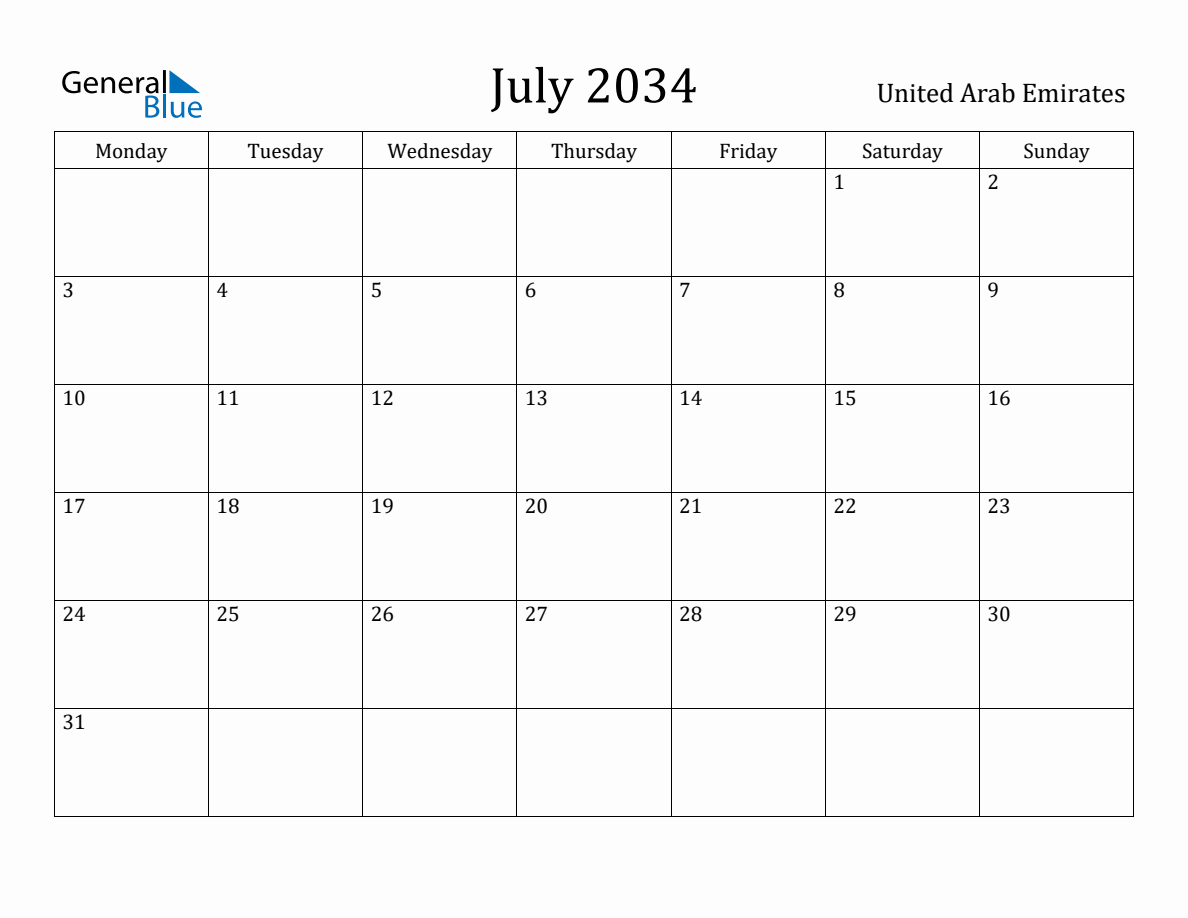 United Arab Emirates Monthly Calendar - July 2034 (Monday Start)