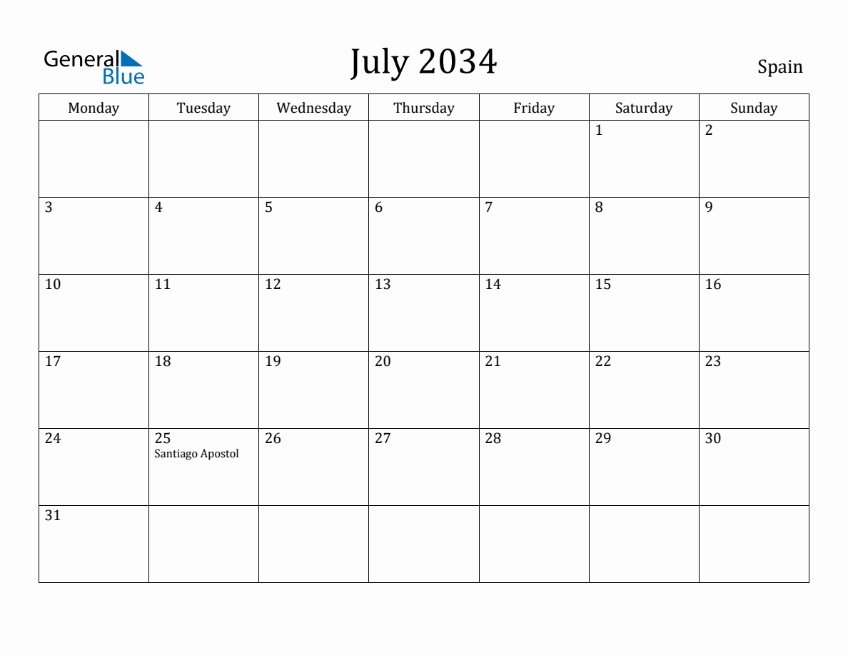 Spain Monthly Calendar - July 2034 (Monday Start)