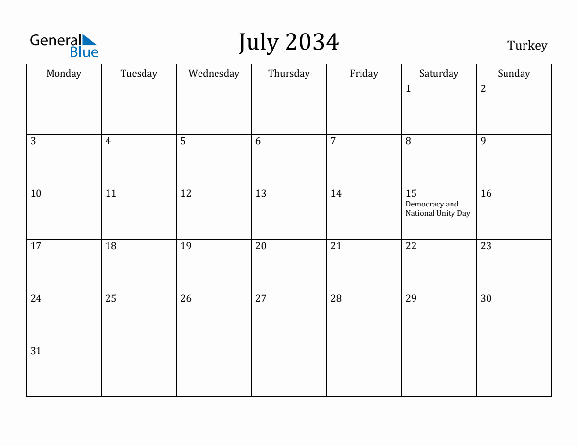 July 2034 Monthly Calendar with Turkey Holidays (Monday Start)