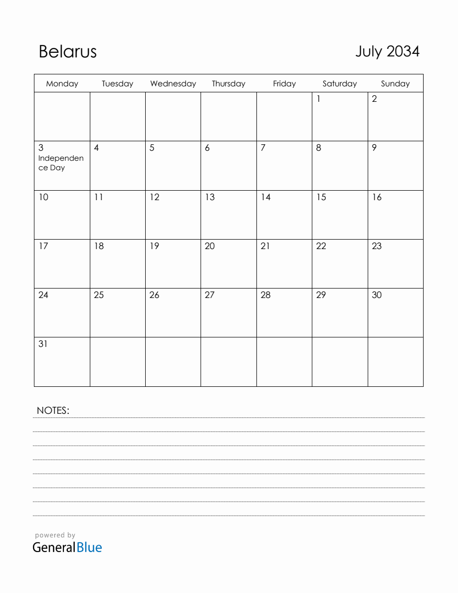 July 2034 Belarus Calendar with Holidays