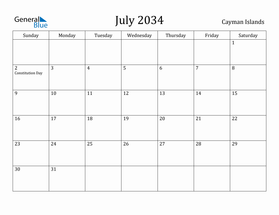 July 2034 Monthly Calendar with Cayman Islands Holidays