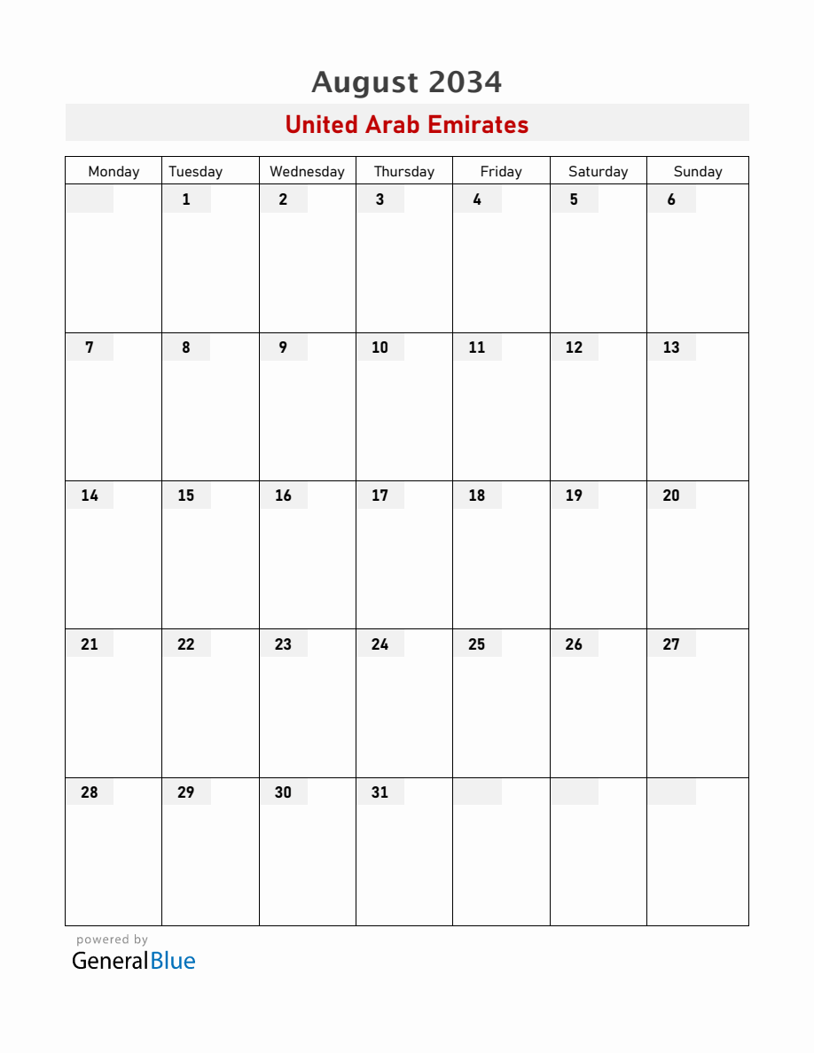 United Arab Emirates August 2034 Calendar with Holidays