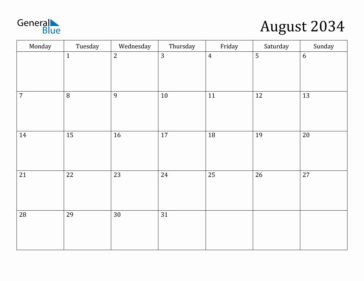 August 2034 Monday Start Calendar (PDF, Excel, Word)
