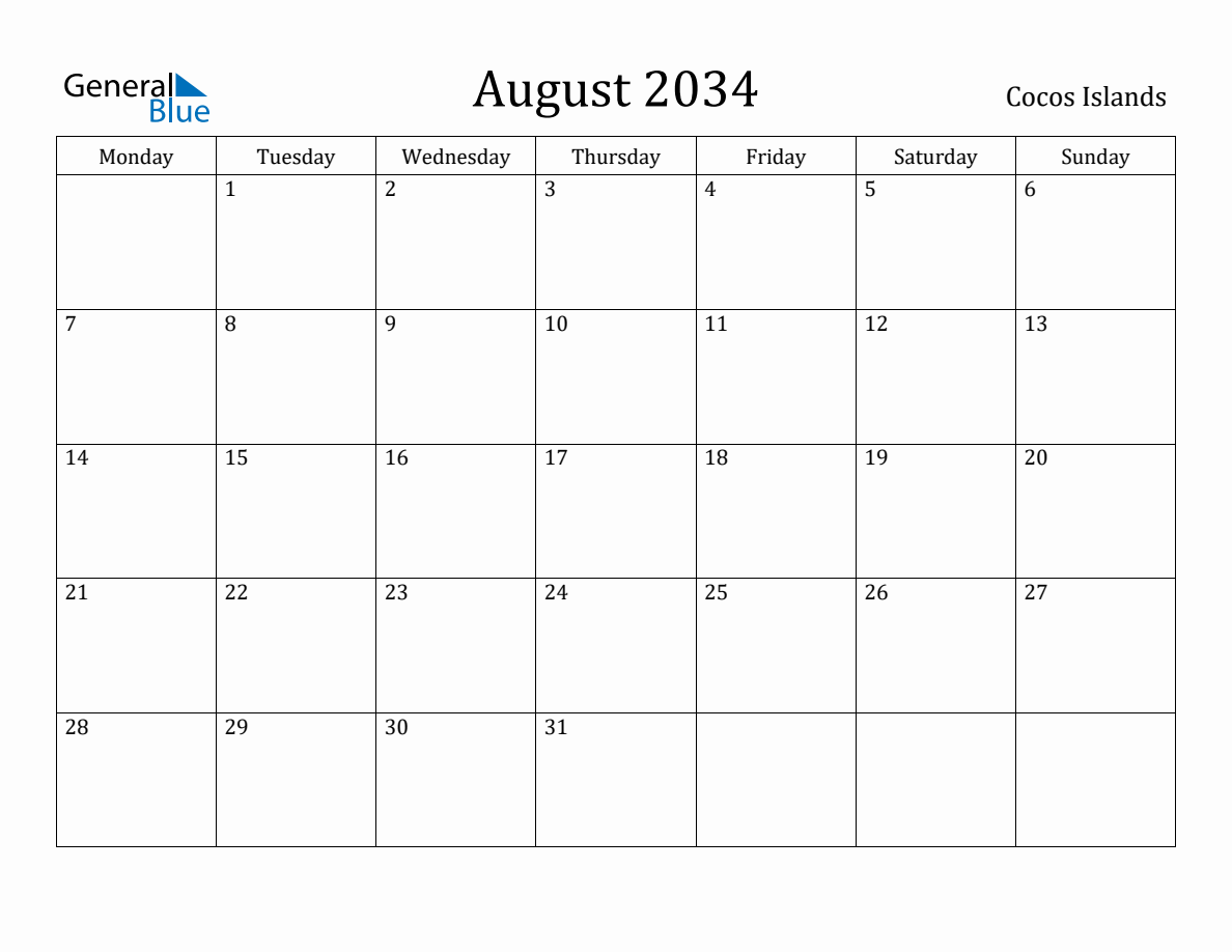 August 2034 - Cocos Islands Monthly Calendar with Holidays