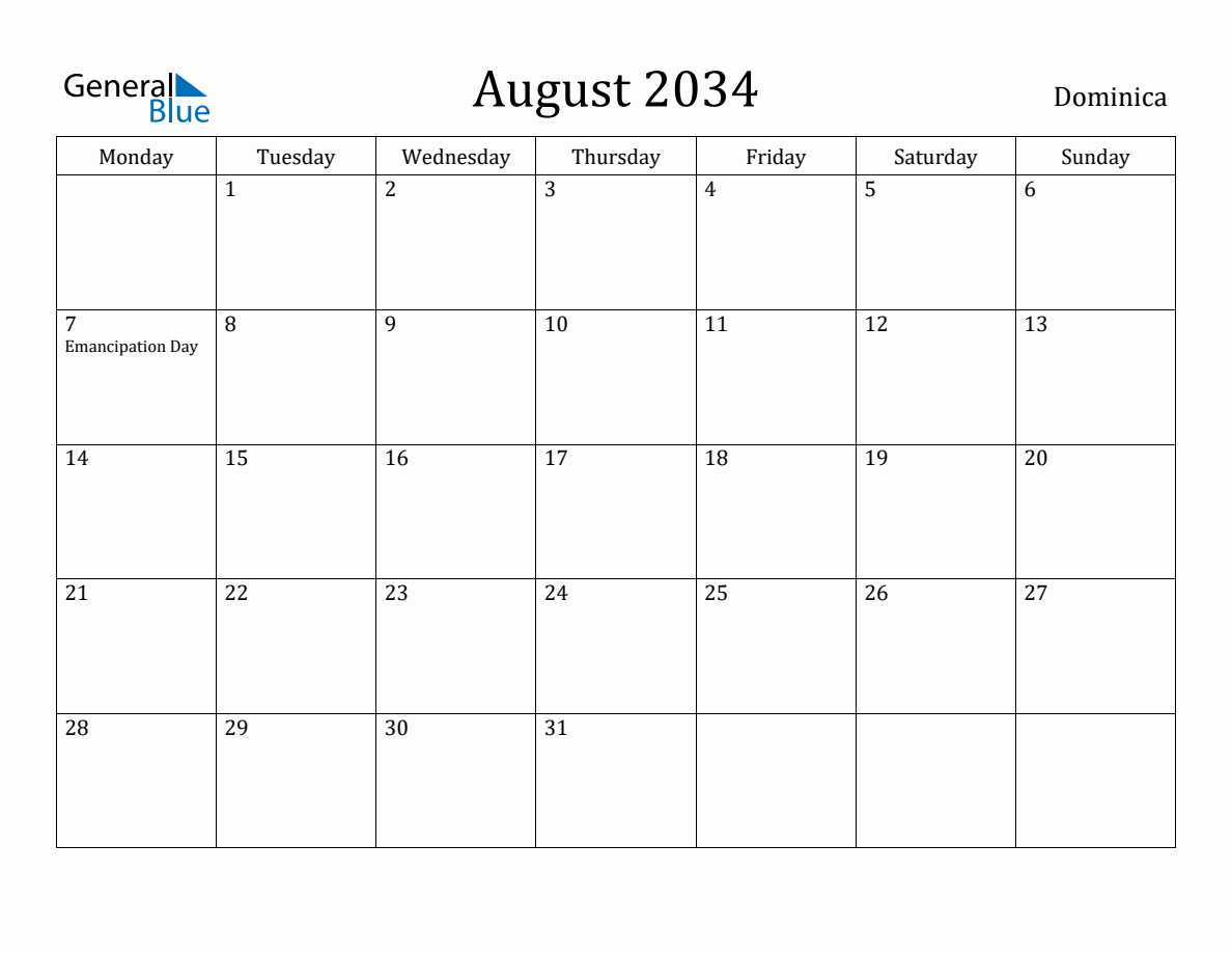 August 2034 Monthly Calendar with Dominica Holidays