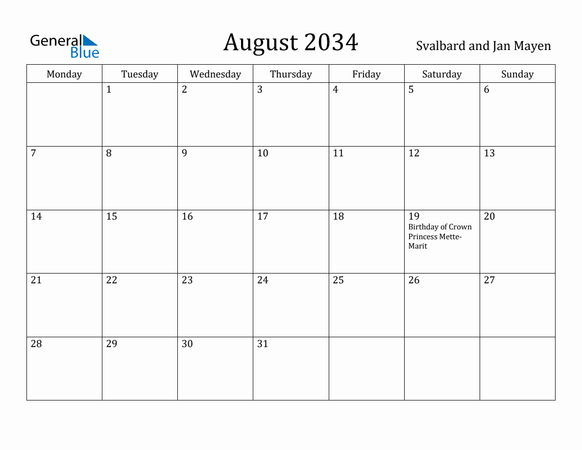 August 2034 - Svalbard and Jan Mayen Monthly Calendar with Holidays