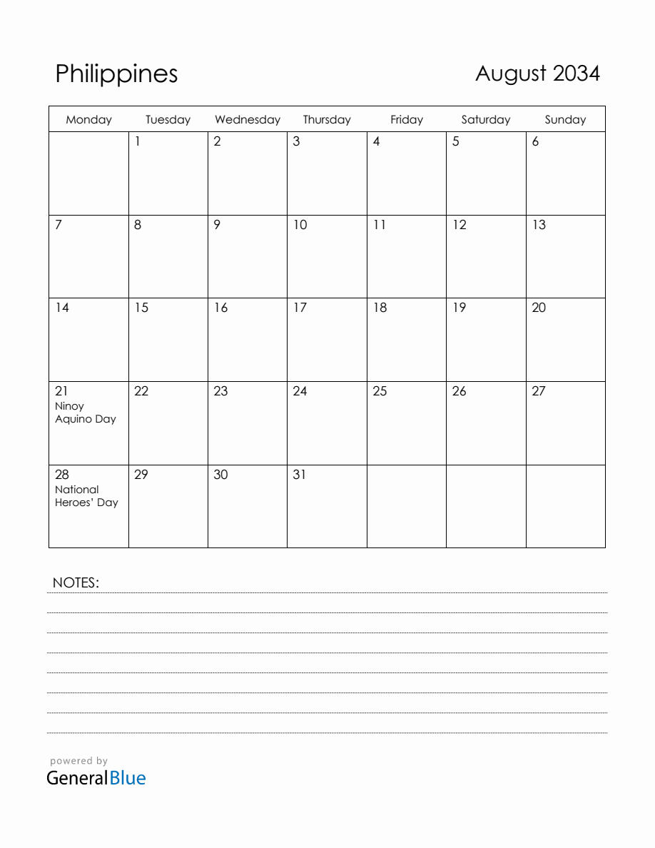 August 2034 Philippines Calendar with Holidays