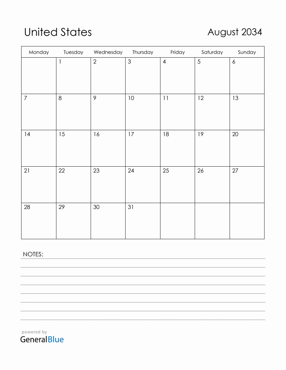 August 2034 United States Calendar with Holidays