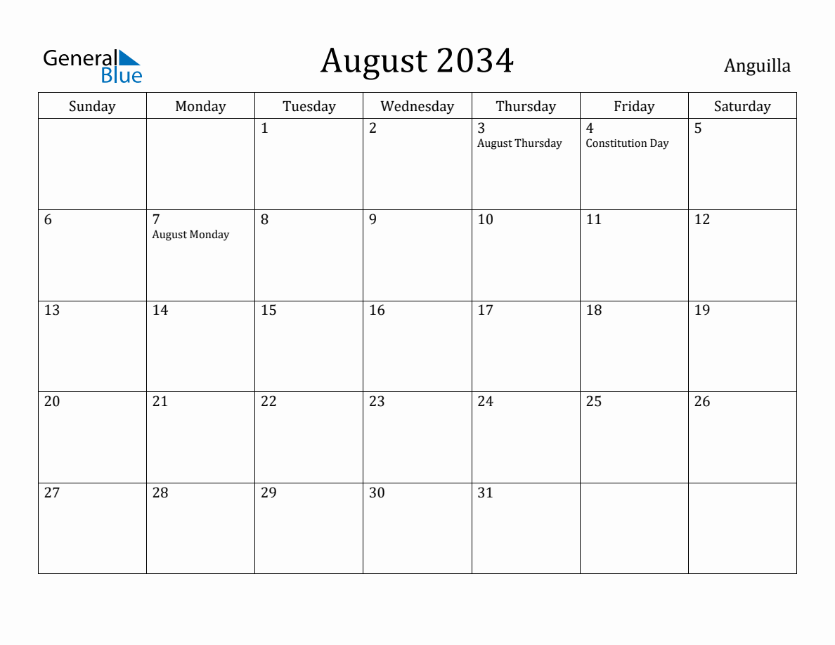 August 2034 Monthly Calendar with Anguilla Holidays