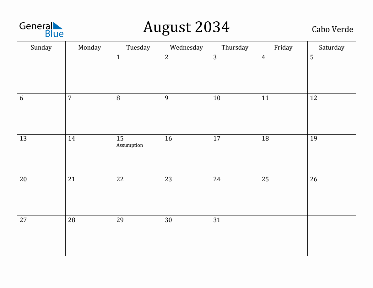 August 2034 Monthly Calendar with Cabo Verde Holidays