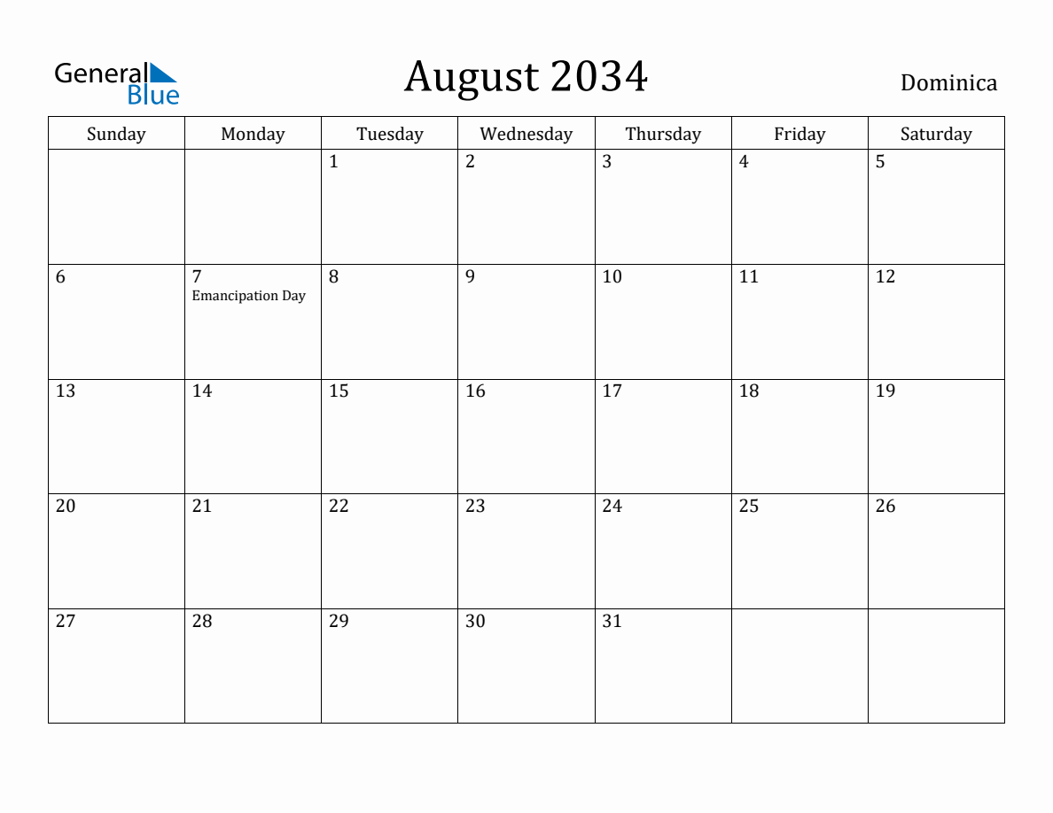 August 2034 Monthly Calendar with Dominica Holidays