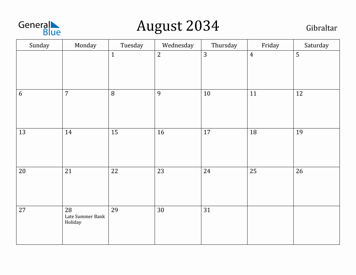 August 2034 Monthly Calendar with Gibraltar Holidays