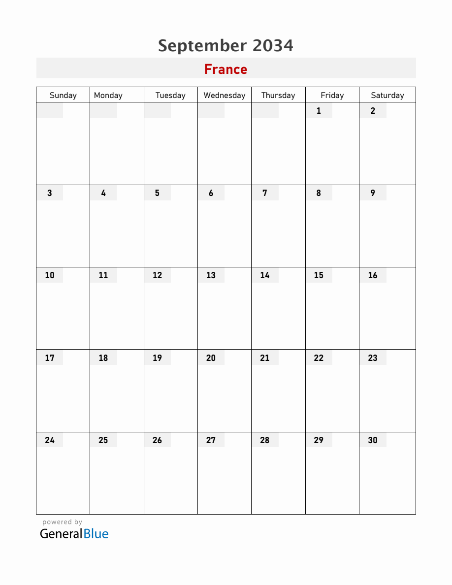 France September 2034 Calendar with Holidays