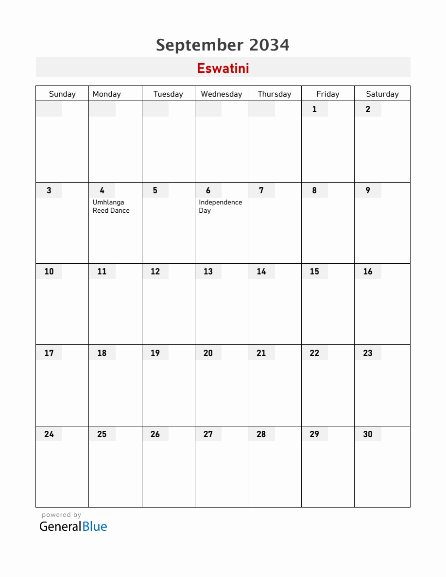 Eswatini September 2034 Calendar with Holidays