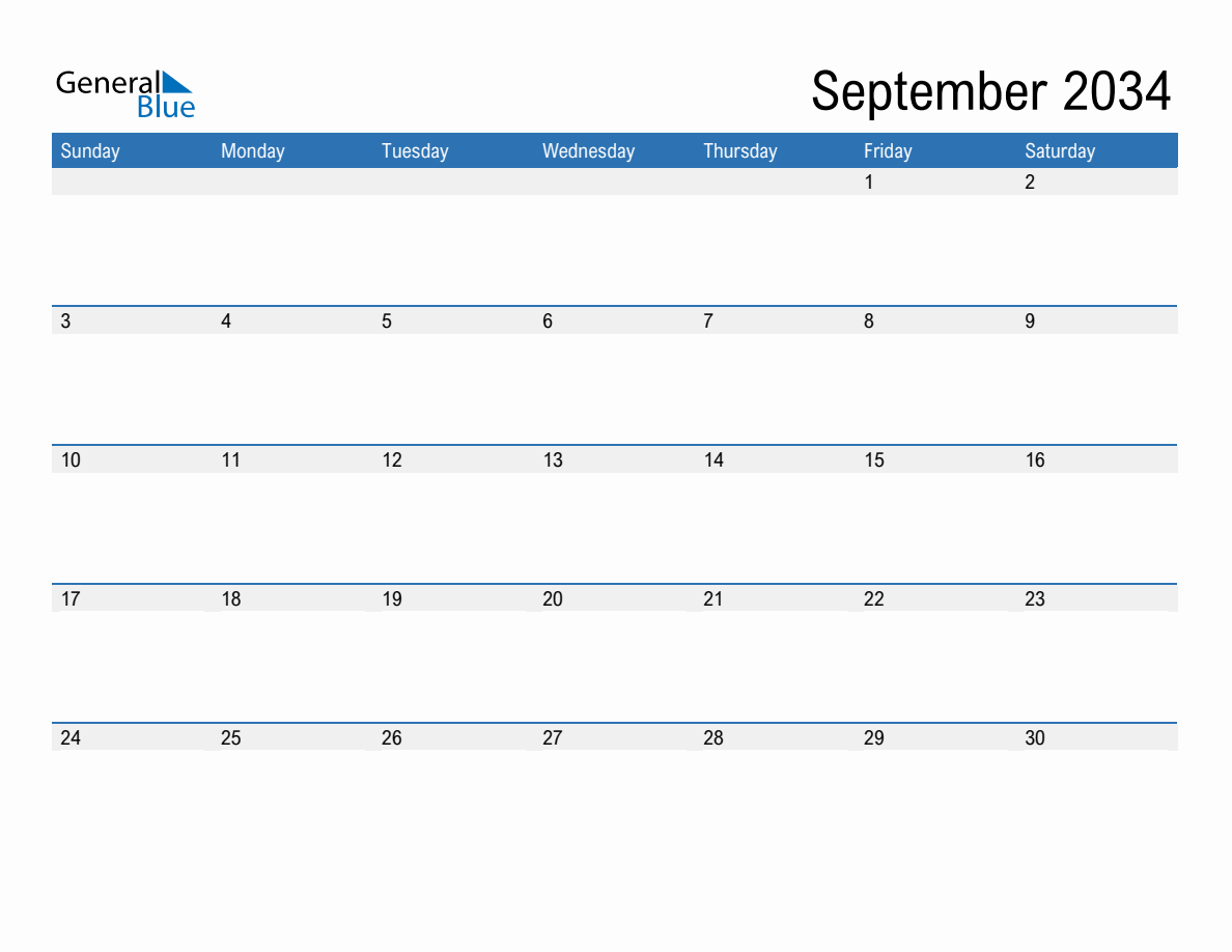 Editable Calendar Template for September 2034