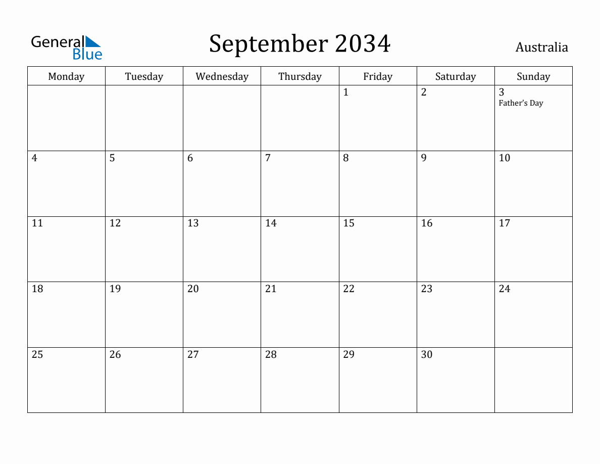 September 2034 - Australia Monthly Calendar with Holidays