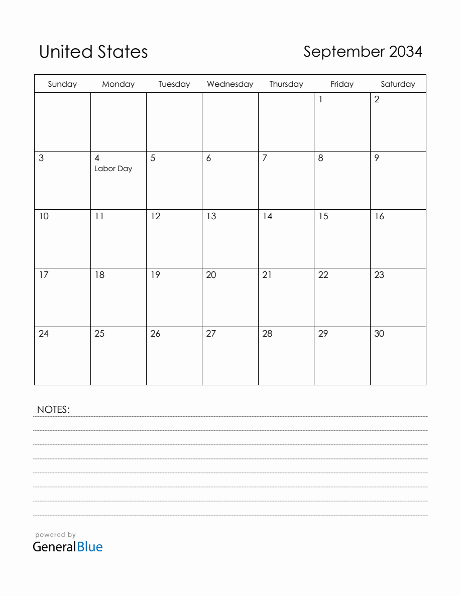 September 2034 United States Calendar with Holidays