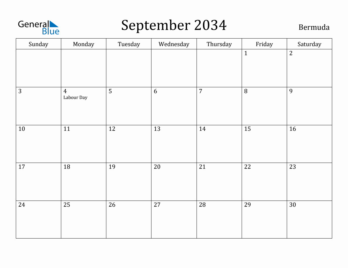 September 2034 Monthly Calendar with Bermuda Holidays