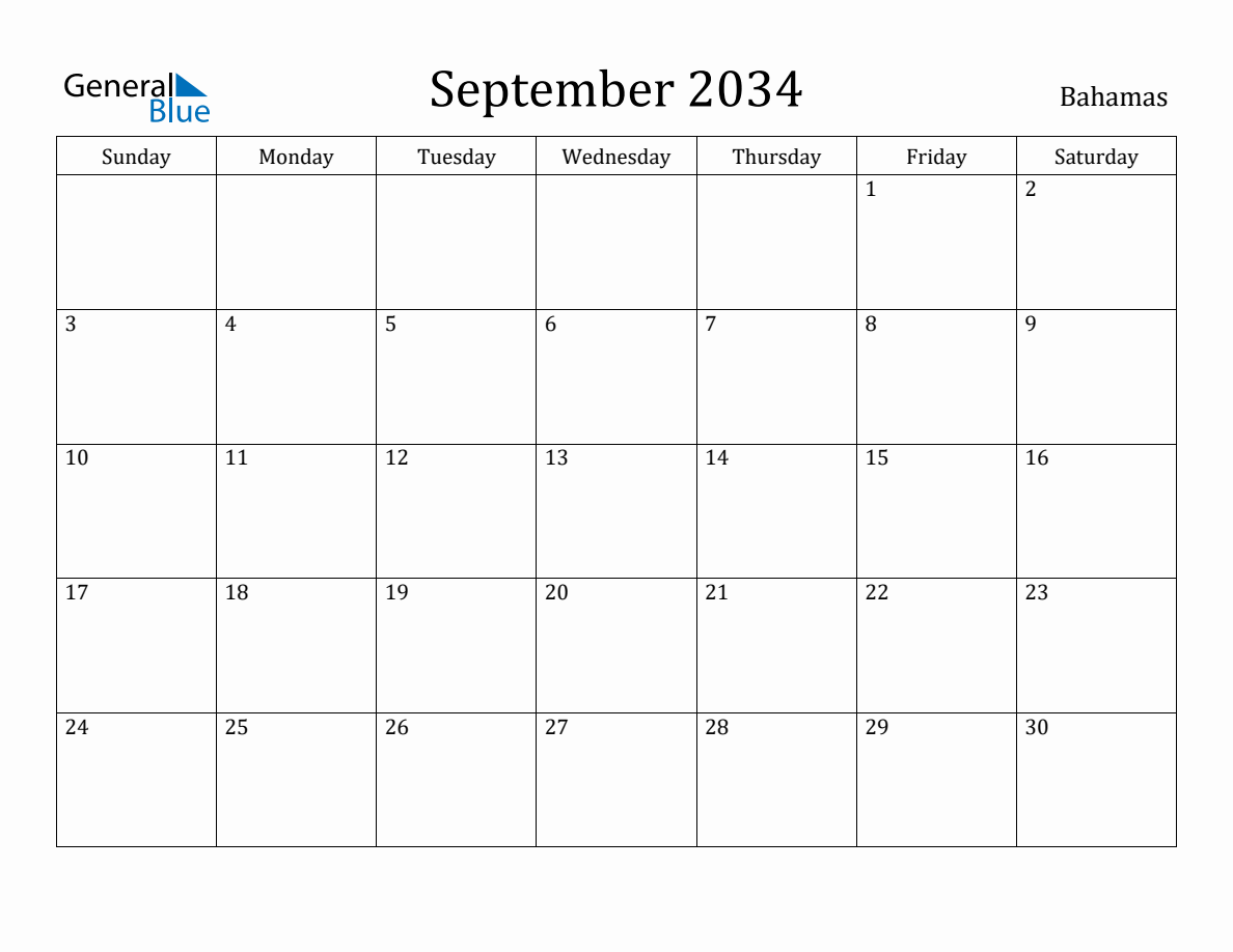 September 2034 Monthly Calendar with Bahamas Holidays