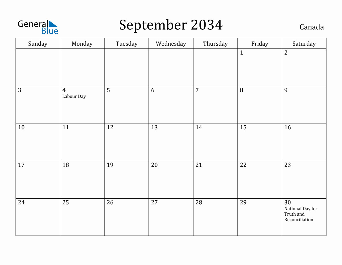September 2034 Monthly Calendar with Canada Holidays