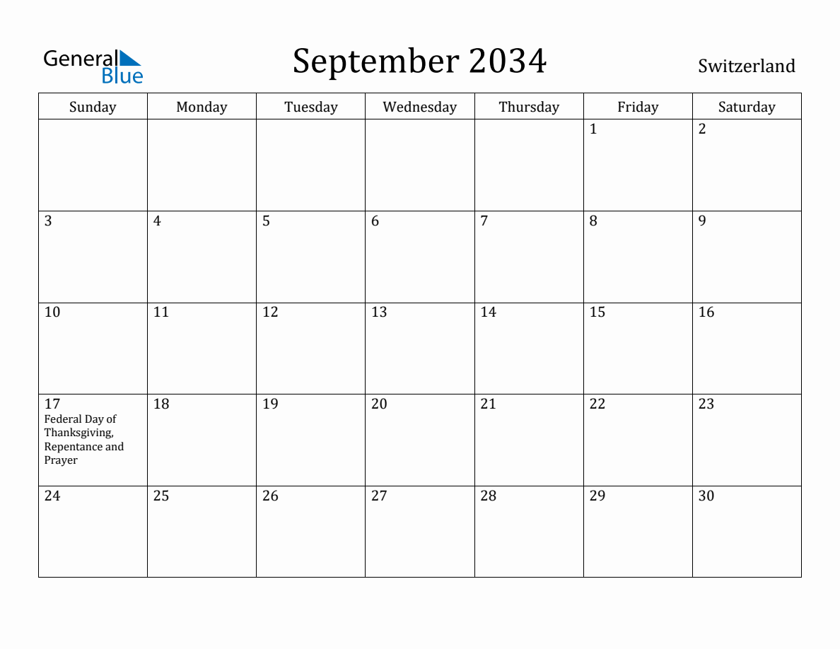 September 2034 Monthly Calendar with Switzerland Holidays