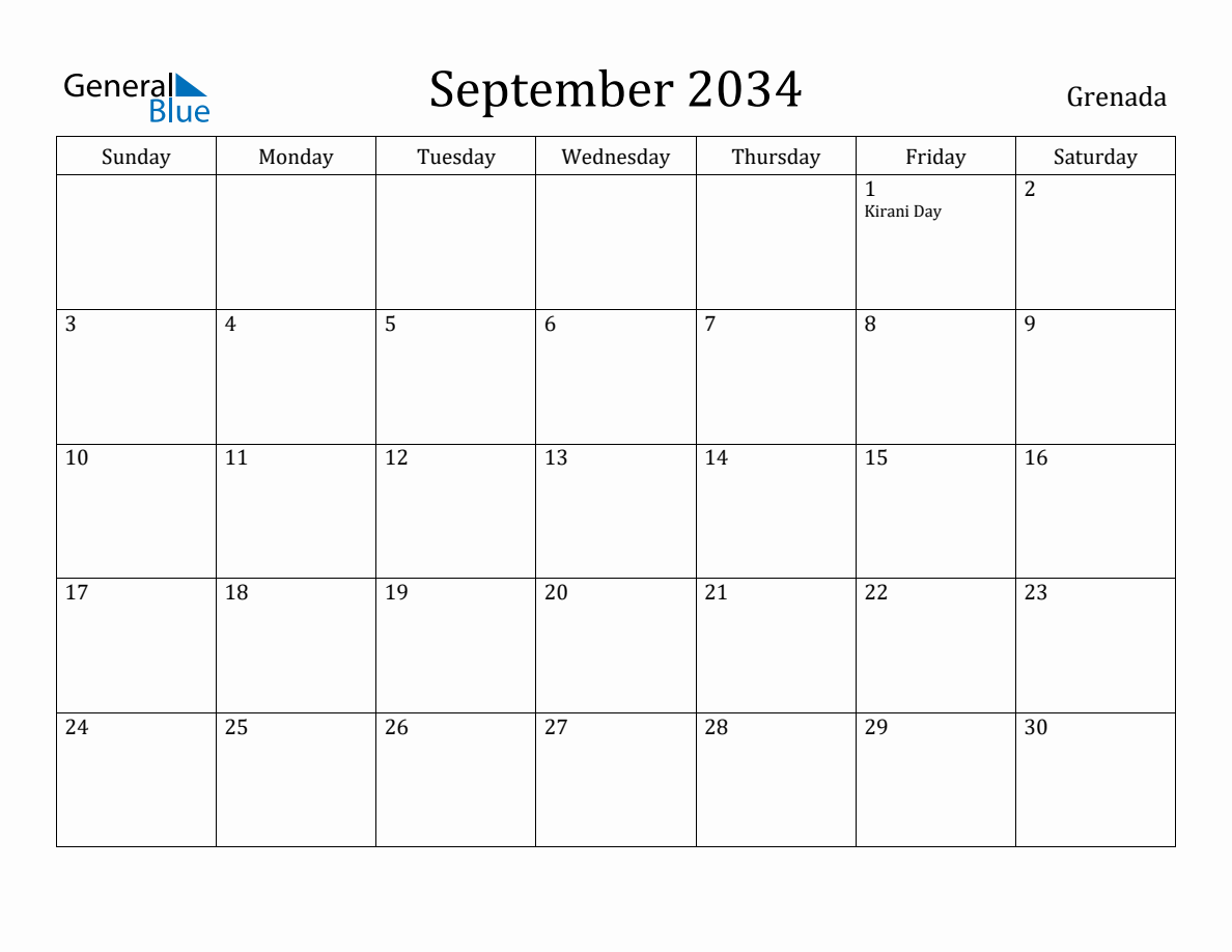 September 2034 Monthly Calendar with Grenada Holidays
