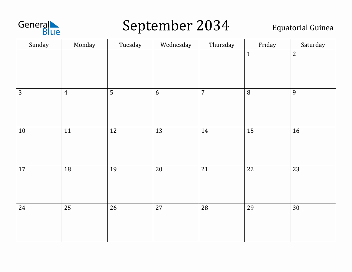 September 2034 Monthly Calendar with Equatorial Guinea Holidays