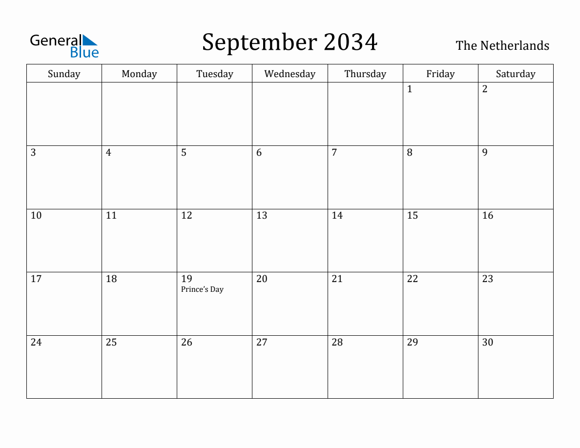September 2034 Monthly Calendar with The Netherlands Holidays