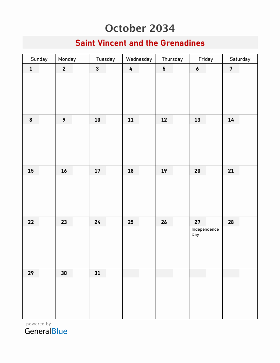 Saint Vincent and the Grenadines October 2034 Calendar with Holidays