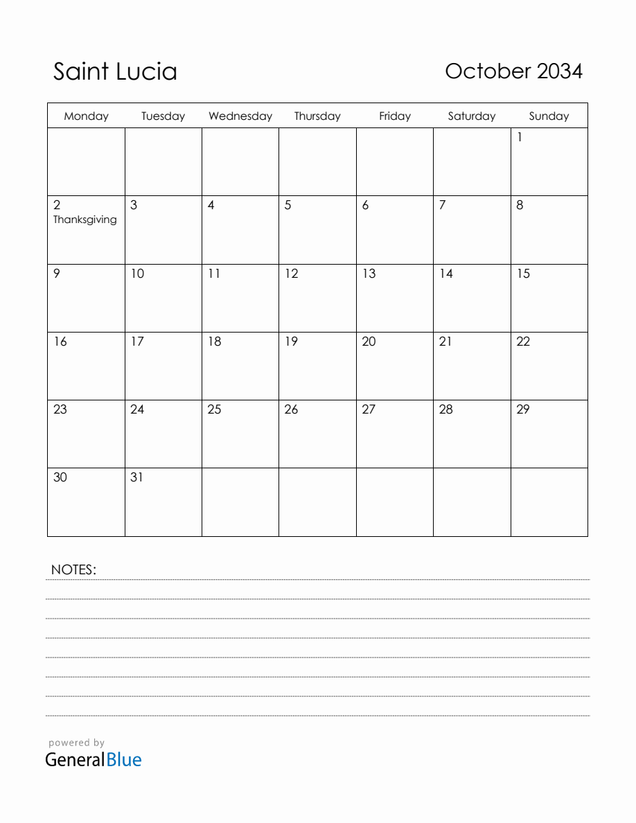 October 2034 Saint Lucia Calendar with Holidays (Monday Start)