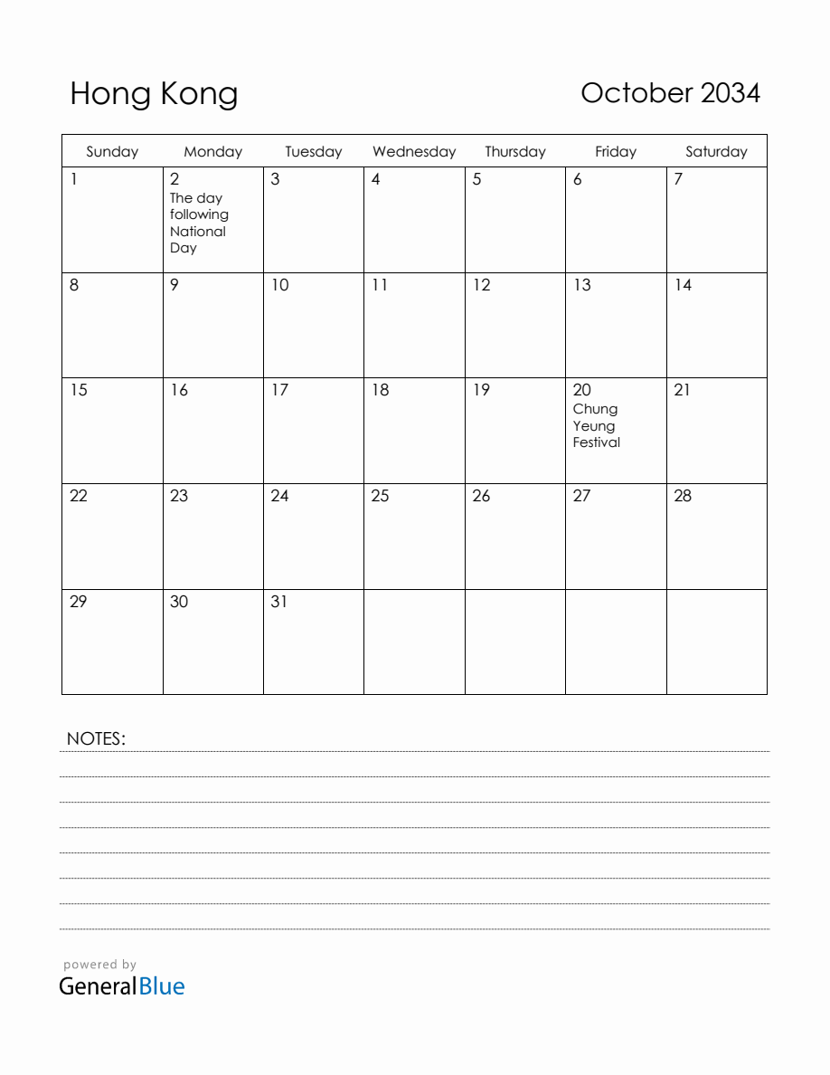 October 2034 Hong Kong Calendar with Holidays