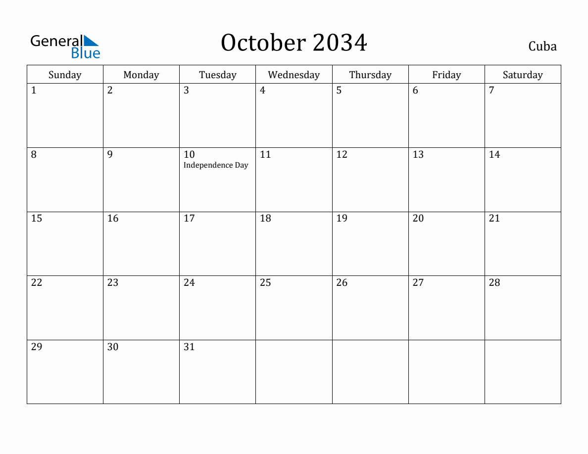 October 2034 Monthly Calendar with Cuba Holidays