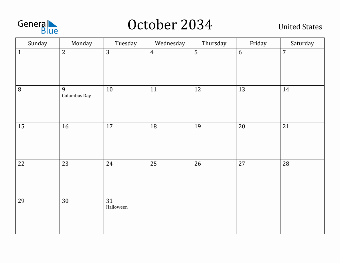 October 2034 Monthly Calendar with United States Holidays