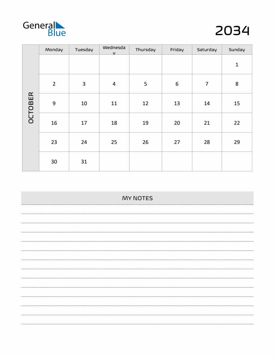 October 2034 Printable Monthly Calendar with Notes - Monday Start