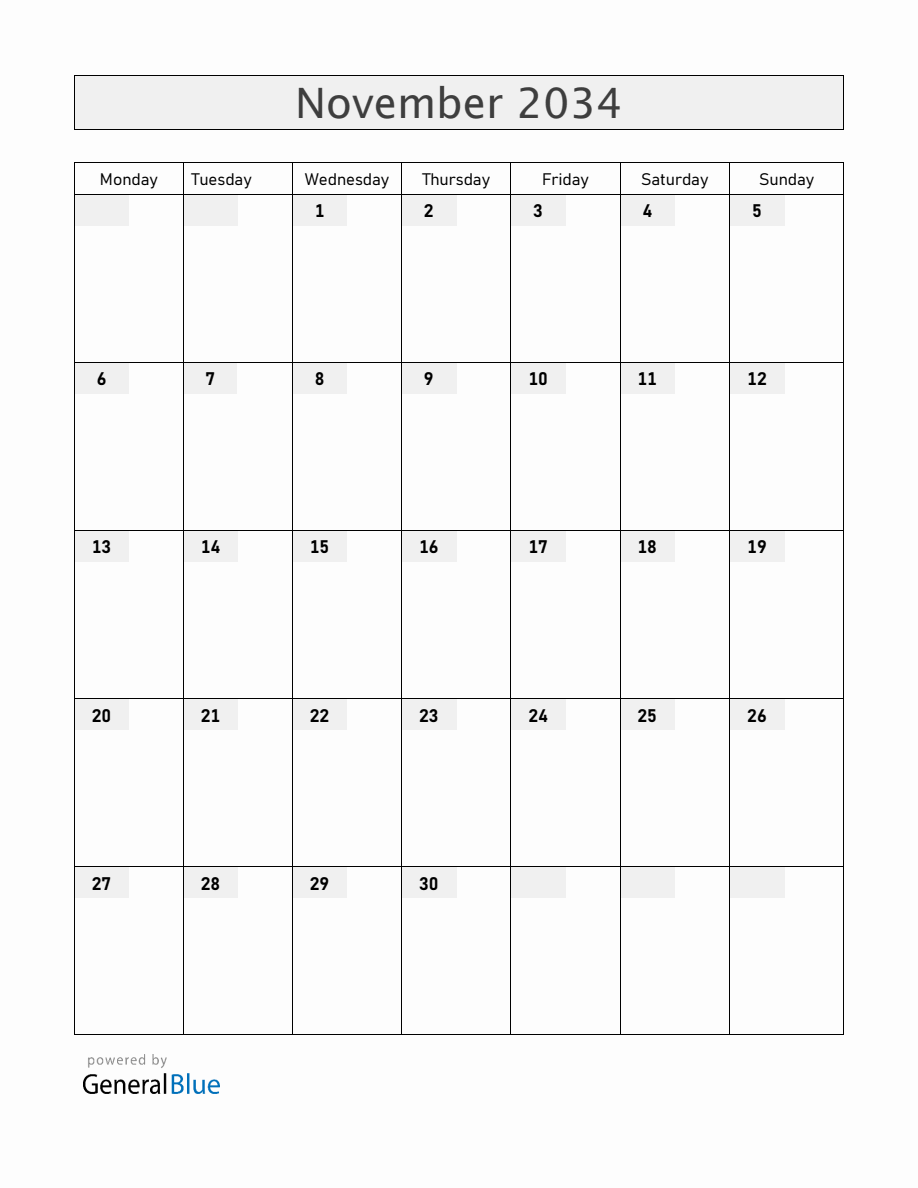 Blank November 2034 Calendar - Monday Start