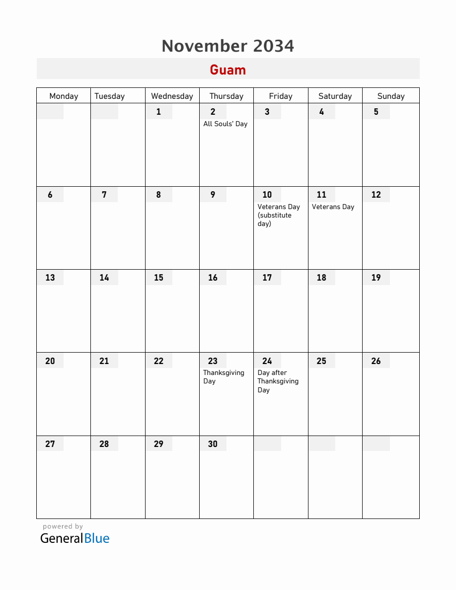 Guam November 2034 Calendar with Holidays (Monday Start)