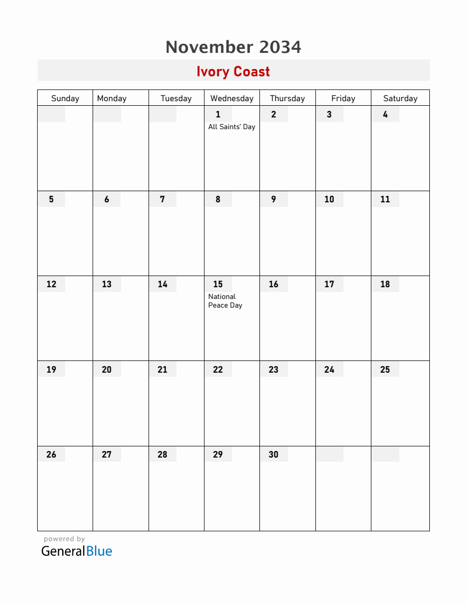 Ivory Coast November 2034 Calendar with Holidays