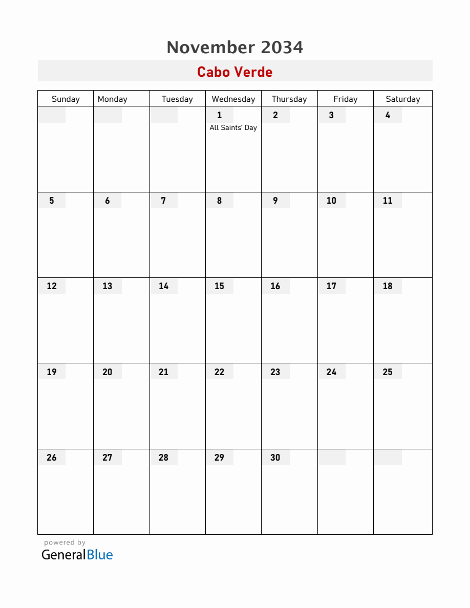 Cabo Verde November 2034 Calendar with Holidays