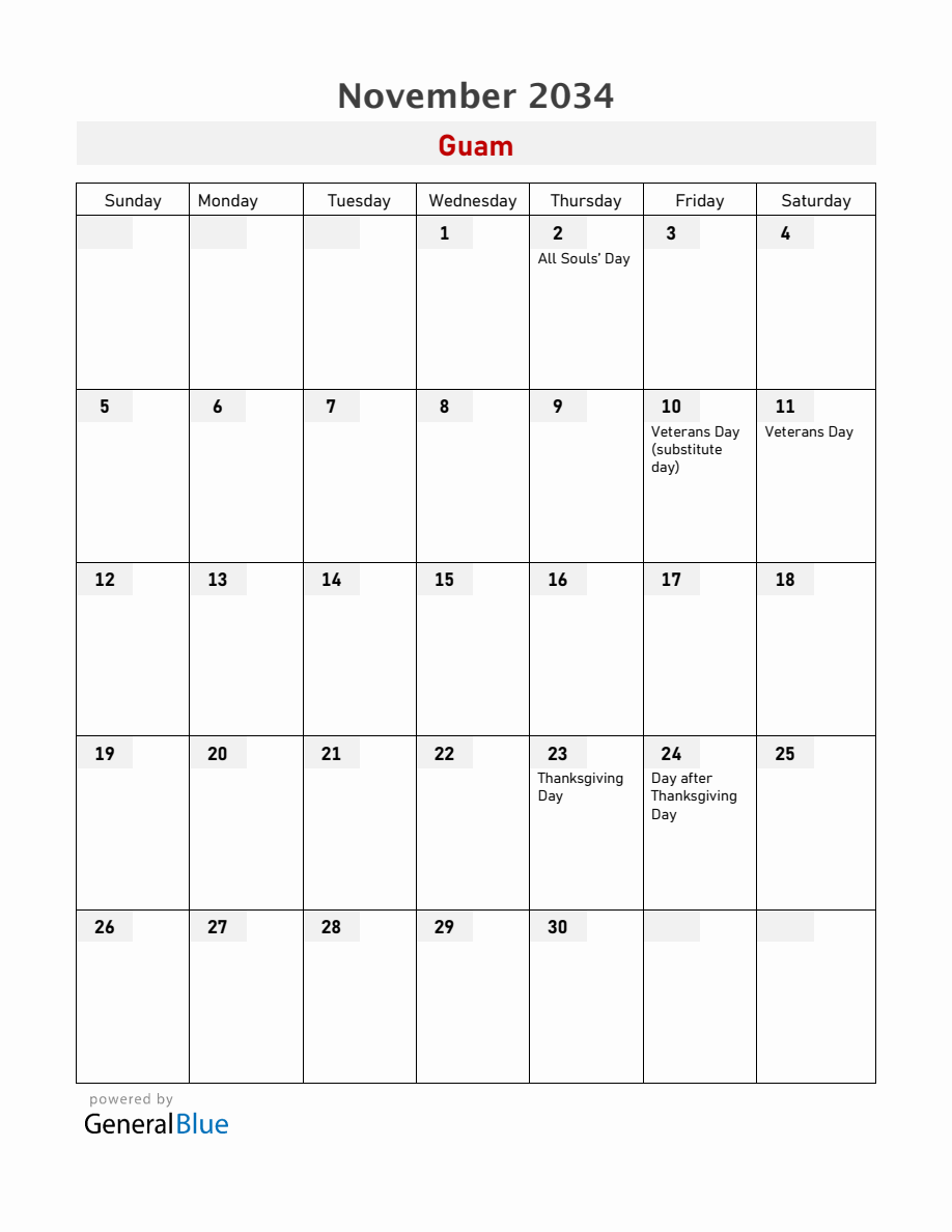 Guam November 2034 Calendar with Holidays
