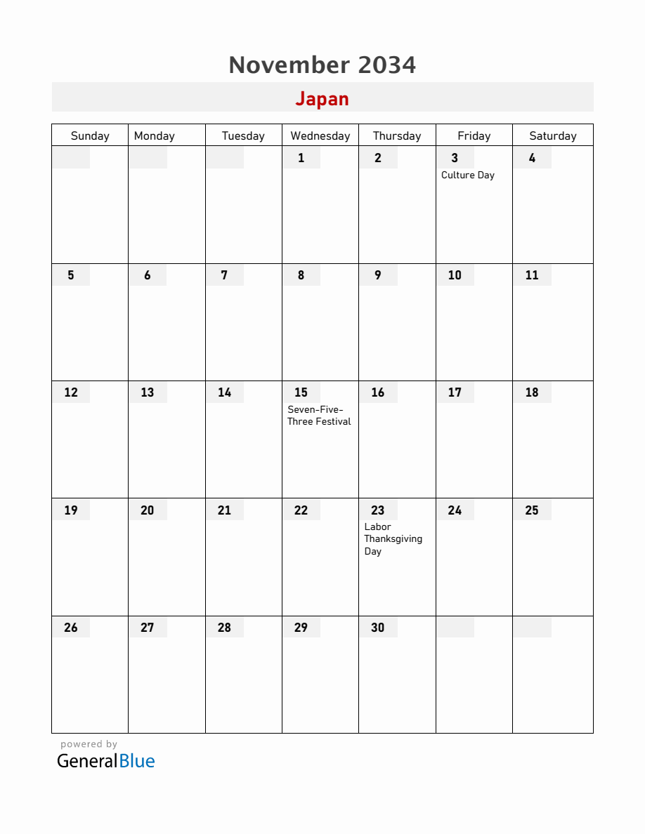 Japan November 2034 Calendar with Holidays