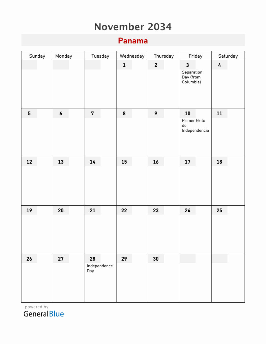 Panama November 2034 Calendar with Holidays