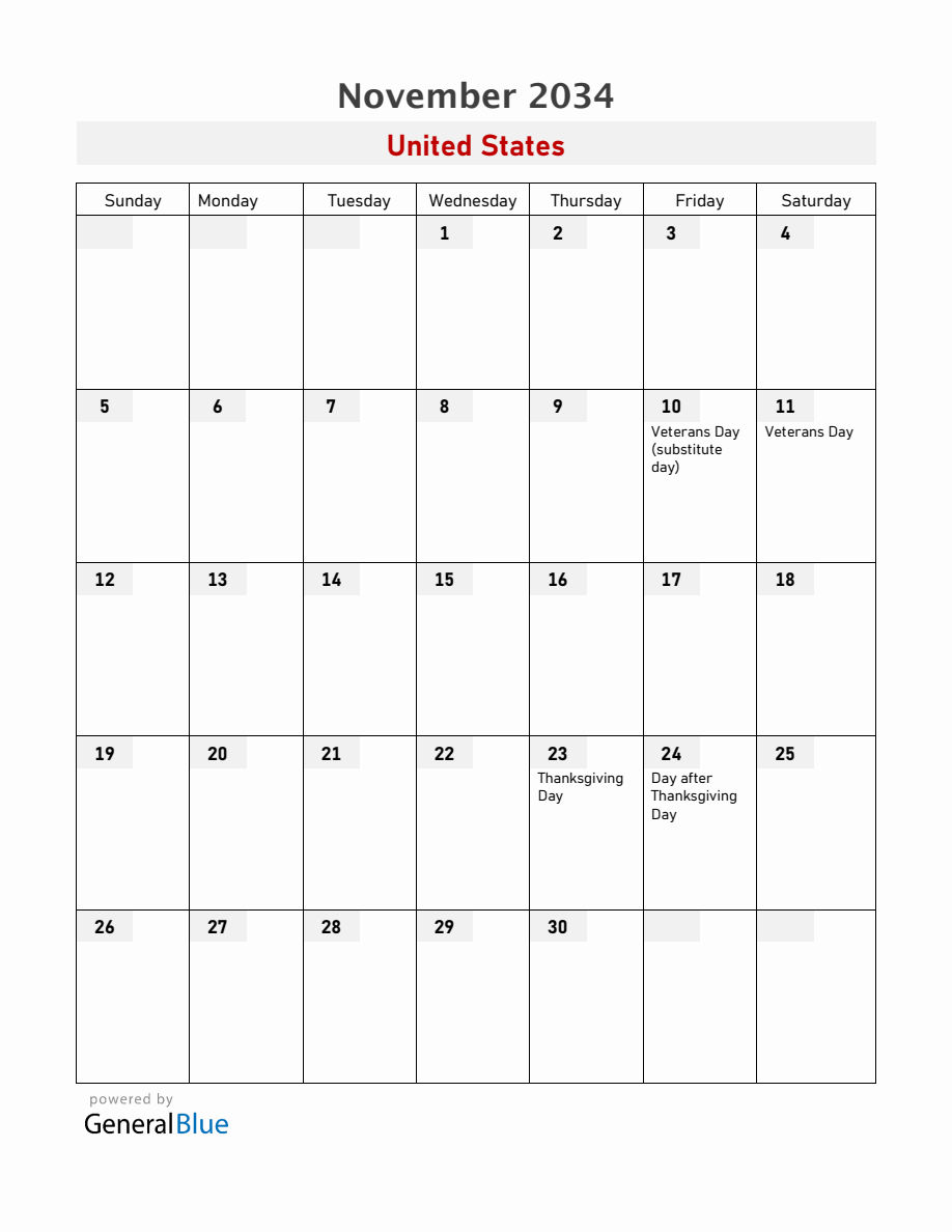 United States November 2034 Calendar with Holidays