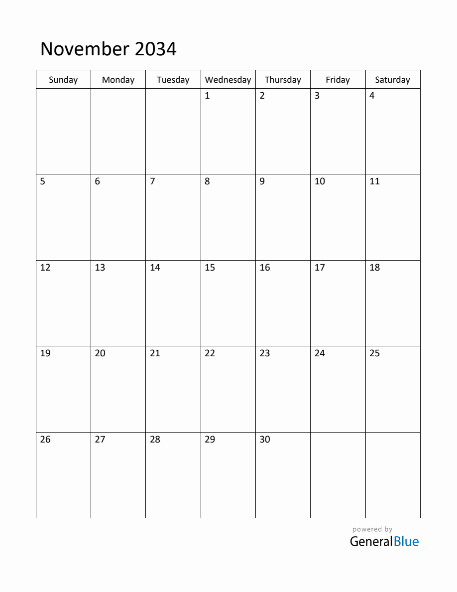 Editable November 2034 Monthly Calendar