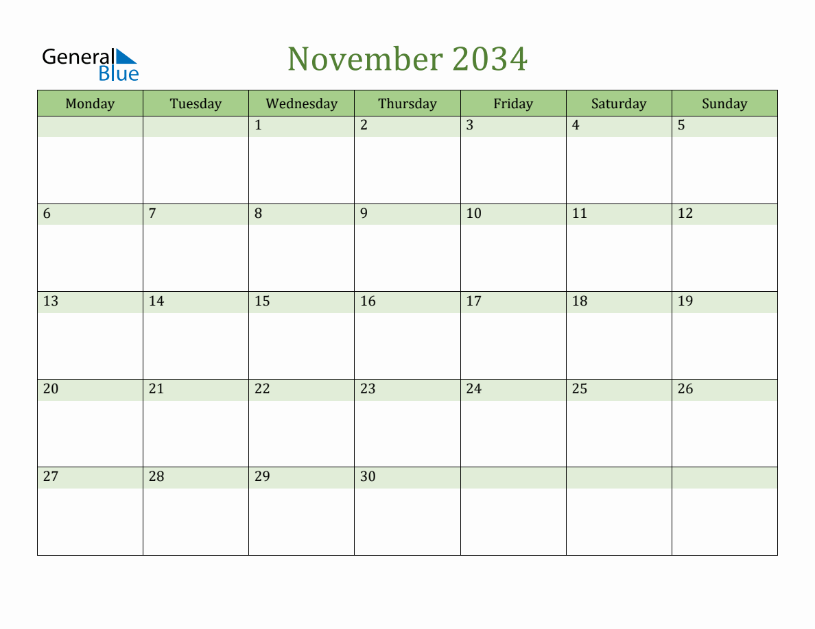 Fillable November 2034 Calendar - Monday Start